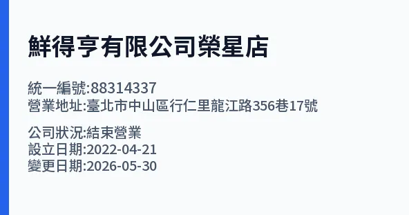鮮得亨有限公司榮星店的照片-統編 88314337(臺北市) 公司登記資料與營業項目詳細圖表