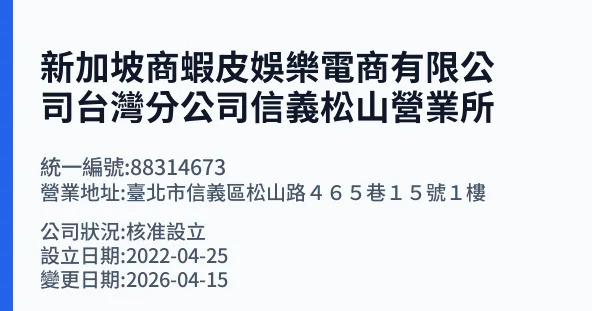 新加坡商蝦皮娛樂電商有限公司台灣分公司信義松山營業所的照片-統編 88314673(臺北市) 公司登記資料與營業項目詳細圖表