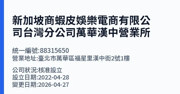 新加坡商蝦皮娛樂電商有限公司台灣分公司萬華漢中營業所的照片-統編 88315650(臺北市) 公司登記資料與營業項目詳細圖表