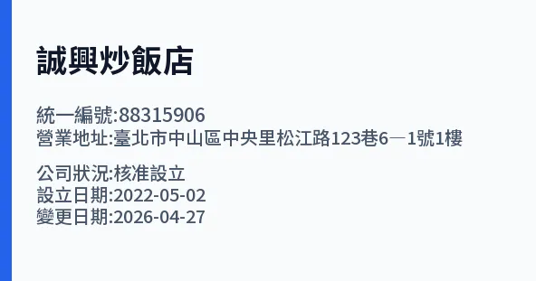 誠興炒飯店的照片-統編 88315906(臺北市) 公司登記資料與營業項目詳細圖表