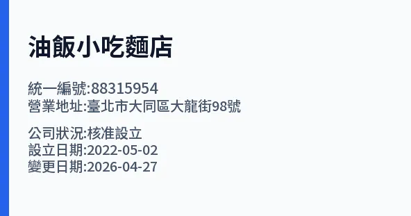 油飯小吃麵店的照片-統編 88315954(臺北市) 公司登記資料與營業項目詳細圖表