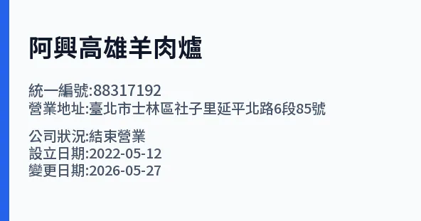 阿興高雄羊肉爐的照片-統編 88317192(臺北市) 公司登記資料與營業項目詳細圖表