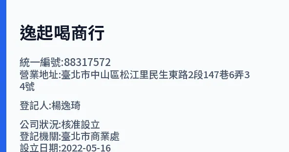 逸起喝商行的照片-統編 88317572(臺北市) 公司登記資料與營業項目詳細圖表