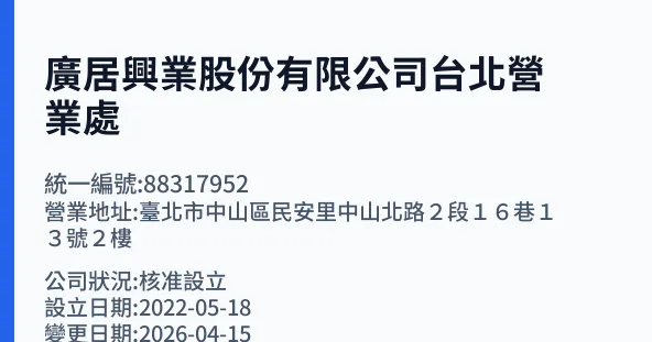 廣居興業股份有限公司台北營業處的照片-統編 88317952(臺北市) 公司登記資料與營業項目詳細圖表