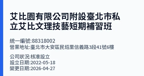 艾比園有限公司附設臺北市私立艾比文理技藝短期補習班的照片-統編 88318002(臺北市) 公司登記資料與營業項目詳細圖表