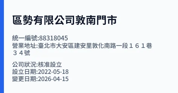 區勢有限公司敦南門市的照片-統編 88318045(臺北市) 公司登記資料與營業項目詳細圖表