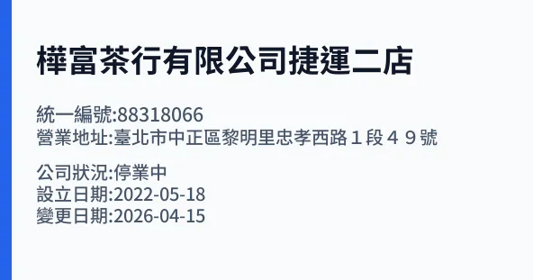 樺富茶行有限公司捷運二店的照片-統編 88318066(臺北市) 公司登記資料與營業項目詳細圖表