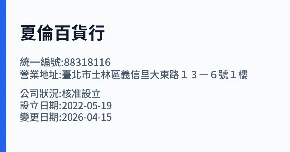 夏倫百貨行的照片-統編 88318116(臺北市) 公司登記資料與營業項目詳細圖表