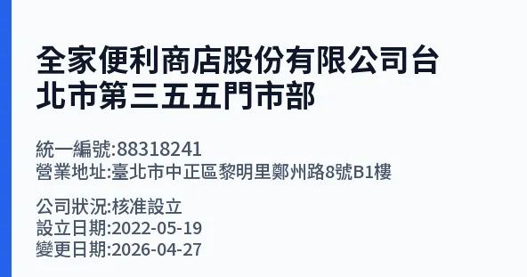 全家便利商店股份有限公司台北市第三五五門市部的照片-統編 88318241(臺北市) 公司登記資料與營業項目詳細圖表