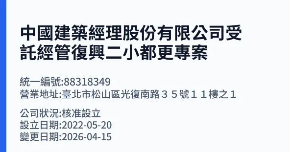中國建築經理股份有限公司受託經管復興二小都更專案的照片-統編 88318349(臺北市) 公司登記資料與營業項目詳細圖表