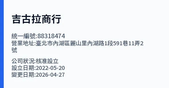 吉古拉商行的照片-統編 88318474(臺北市) 公司登記資料與營業項目詳細圖表