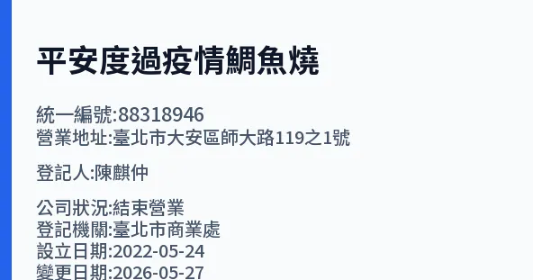 平安度過疫情鯛魚燒的照片-統編 88318946(臺北市) 公司登記資料與營業項目詳細圖表
