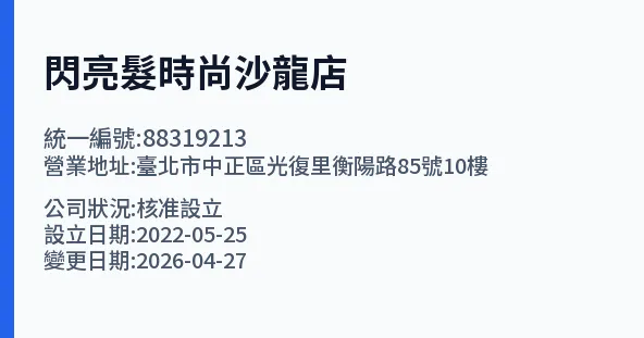 閃亮髮時尚沙龍店的照片-統編 88319213(臺北市) 公司登記資料與營業項目詳細圖表