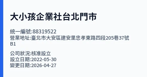 大小孩企業社台北門市的照片-統編 88319522(臺北市) 公司登記資料與營業項目詳細圖表
