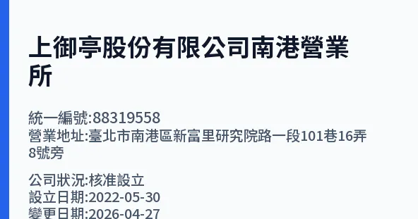 上御亭股份有限公司南港營業所的照片-統編 88319558(臺北市) 公司登記資料與營業項目詳細圖表