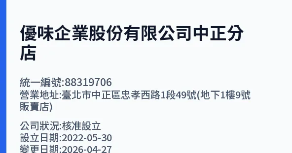 優味企業股份有限公司中正分店的照片-統編 88319706(臺北市) 公司登記資料與營業項目詳細圖表