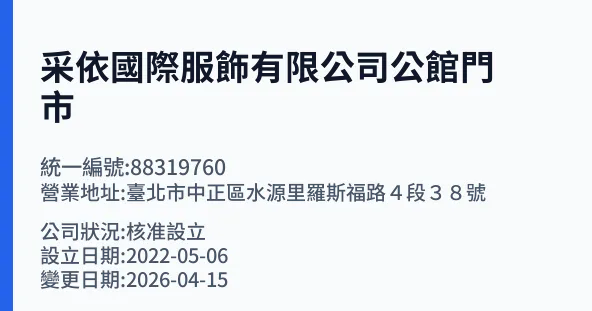 采依國際服飾有限公司公館門市的照片-統編 88319760(臺北市) 公司登記資料與營業項目詳細圖表