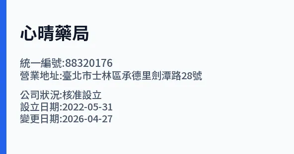 心晴藥局的照片-統編 88320176(臺北市) 公司登記資料與營業項目詳細圖表