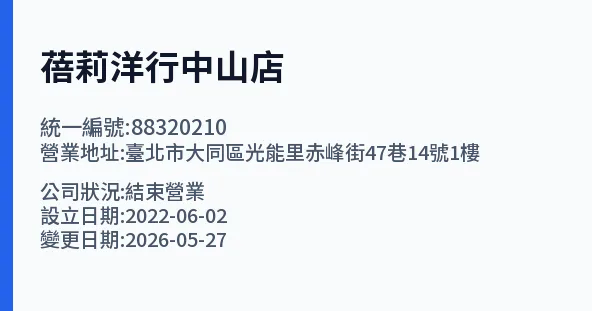 蓓莉洋行中山店的照片-統編 88320210(臺北市) 公司登記資料與營業項目詳細圖表