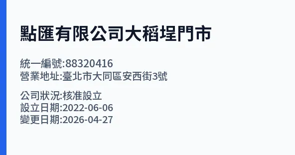 點匯有限公司大稻埕門市的照片-統編 88320416(臺北市) 公司登記資料與營業項目詳細圖表