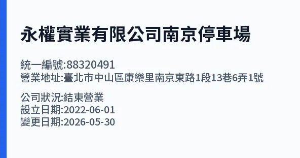永權實業有限公司南京停車場的照片-統編 88320491(臺北市) 公司登記資料與營業項目詳細圖表