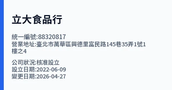 立大食品行的照片-統編 88320817(臺北市) 公司登記資料與營業項目詳細圖表