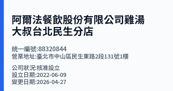 阿爾法餐飲股份有限公司雞湯大叔台北民生分店的照片-統編 88320844(臺北市) 公司登記資料與營業項目詳細圖表