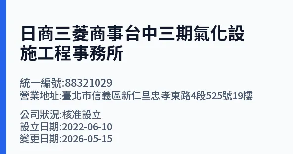 日商三菱商事台中三期氣化設施工程事務所的照片-統編 88321029(臺北市) 公司登記資料與營業項目詳細圖表