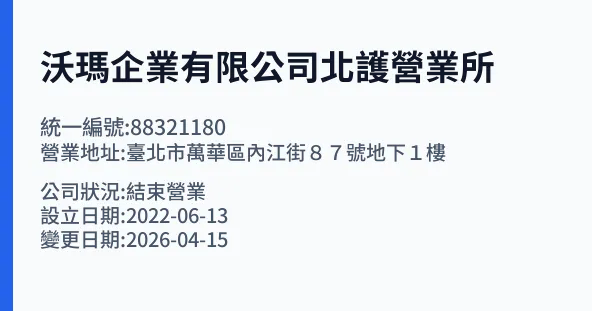 沃瑪企業有限公司北護營業所的照片-統編 88321180(臺北市) 公司登記資料與營業項目詳細圖表