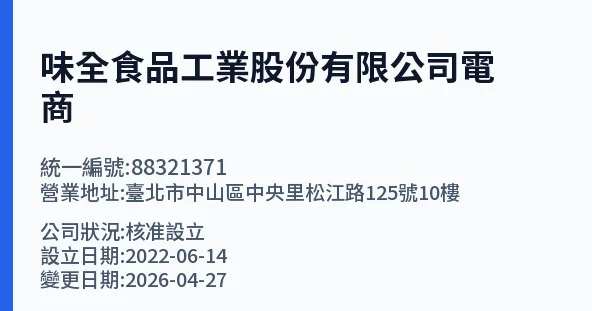 味全食品工業股份有限公司電商的照片-統編 88321371(臺北市) 公司登記資料與營業項目詳細圖表