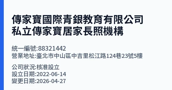 傳家寶國際青銀教育有限公司私立傳家寶居家長照機構的照片-統編 88321442(臺北市) 公司登記資料與營業項目詳細圖表