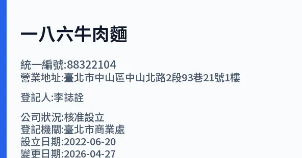 一八六牛肉麵的照片-統編 88322104(臺北市) 公司登記資料與營業項目詳細圖表