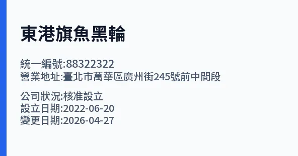 東港旗魚黑輪的照片-統編 88322322(臺北市) 公司登記資料與營業項目詳細圖表