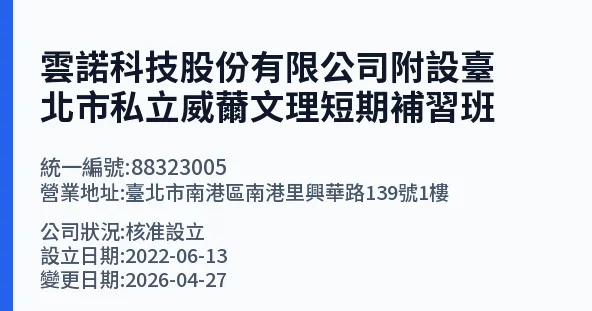 雲諾科技股份有限公司附設臺北市私立威薾文理短期補習班的照片-統編 88323005(臺北市) 公司登記資料與營業項目詳細圖表