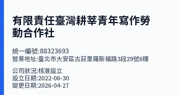 有限責任臺灣耕莘青年寫作勞動合作社的照片-統編 88323693(臺北市) 公司登記資料與營業項目詳細圖表