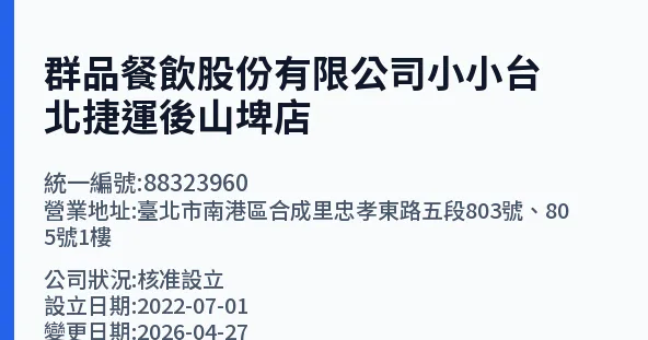 群品餐飲股份有限公司小小台北捷運後山埤店的照片-統編 88323960(臺北市) 公司登記資料與營業項目詳細圖表