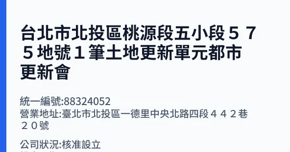 台北市北投區桃源段五小段５７５地號１筆土地更新單元都市更新會的照片-統編 88324052(臺北市) 公司登記資料與營業項目詳細圖表
