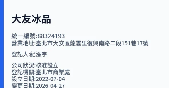 大友冰品的照片-統編 88324193(臺北市) 公司登記資料與營業項目詳細圖表