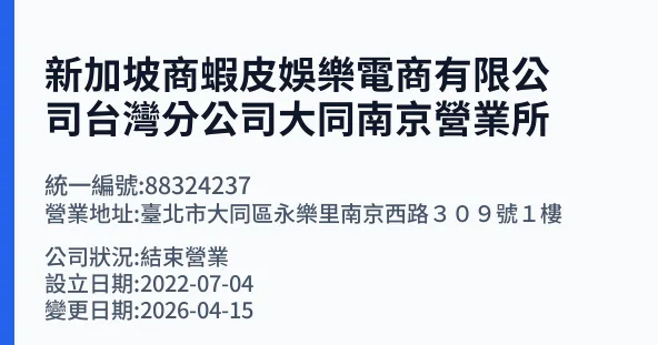 新加坡商蝦皮娛樂電商有限公司台灣分公司大同南京營業所的照片-統編 88324237(臺北市) 公司登記資料與營業項目詳細圖表