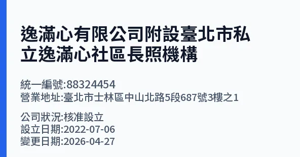 逸滿心有限公司附設臺北市私立逸滿心社區長照機構的照片-統編 88324454(臺北市) 公司登記資料與營業項目詳細圖表