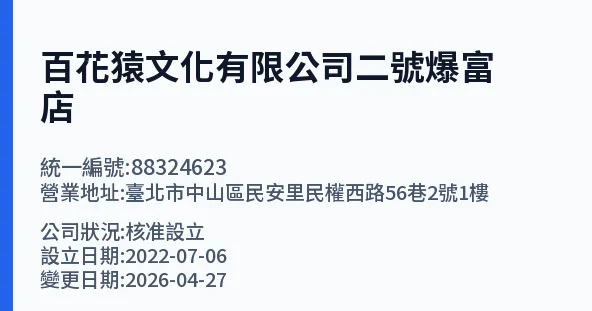 百花猿文化有限公司二號爆富店的照片-統編 88324623(臺北市) 公司登記資料與營業項目詳細圖表