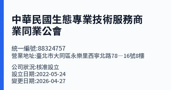 中華民國生態專業技術服務商業同業公會的照片-統編 88324757(臺北市) 公司登記資料與營業項目詳細圖表