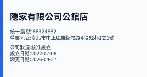 隱家有限公司公館店的照片-統編 88324882(臺北市) 公司登記資料與營業項目詳細圖表