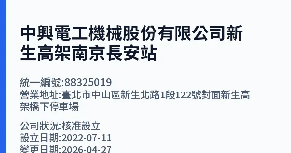 中興電工機械股份有限公司新生高架南京長安站的照片-統編 88325019(臺北市) 公司登記資料與營業項目詳細圖表
