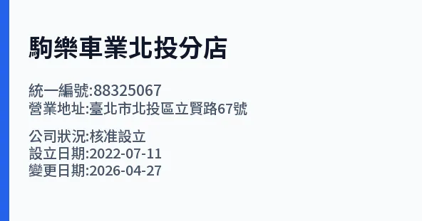 駒樂車業北投分店的照片-統編 88325067(臺北市) 公司登記資料與營業項目詳細圖表