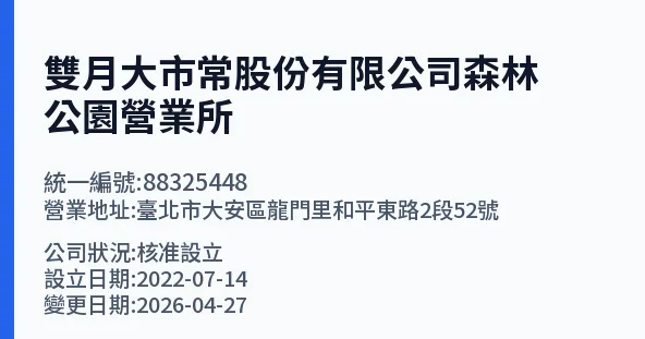 雙月大市常股份有限公司森林公園營業所的照片-統編 88325448(臺北市) 公司登記資料與營業項目詳細圖表