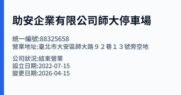 助安企業有限公司師大停車場的照片-統編 88325658(臺北市) 公司登記資料與營業項目詳細圖表