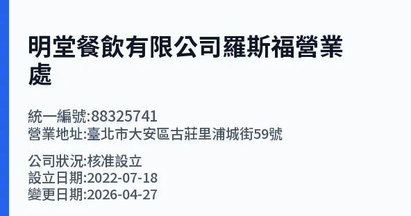 明堂餐飲有限公司羅斯福營業處的照片-統編 88325741(臺北市) 公司登記資料與營業項目詳細圖表