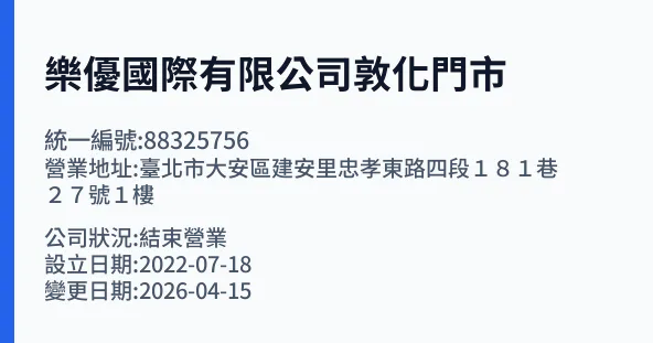 樂優國際有限公司敦化門市的照片-統編 88325756(臺北市) 公司登記資料與營業項目詳細圖表