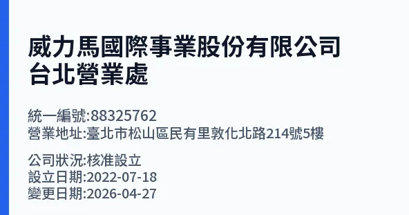 威力馬國際事業股份有限公司台北營業處的照片-統編 88325762(臺北市) 公司登記資料與營業項目詳細圖表